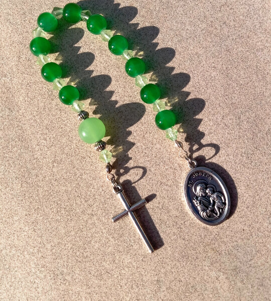 Saint Joseph Rosary, Silver Cross, Italian Medal, Green Bead - Etsy