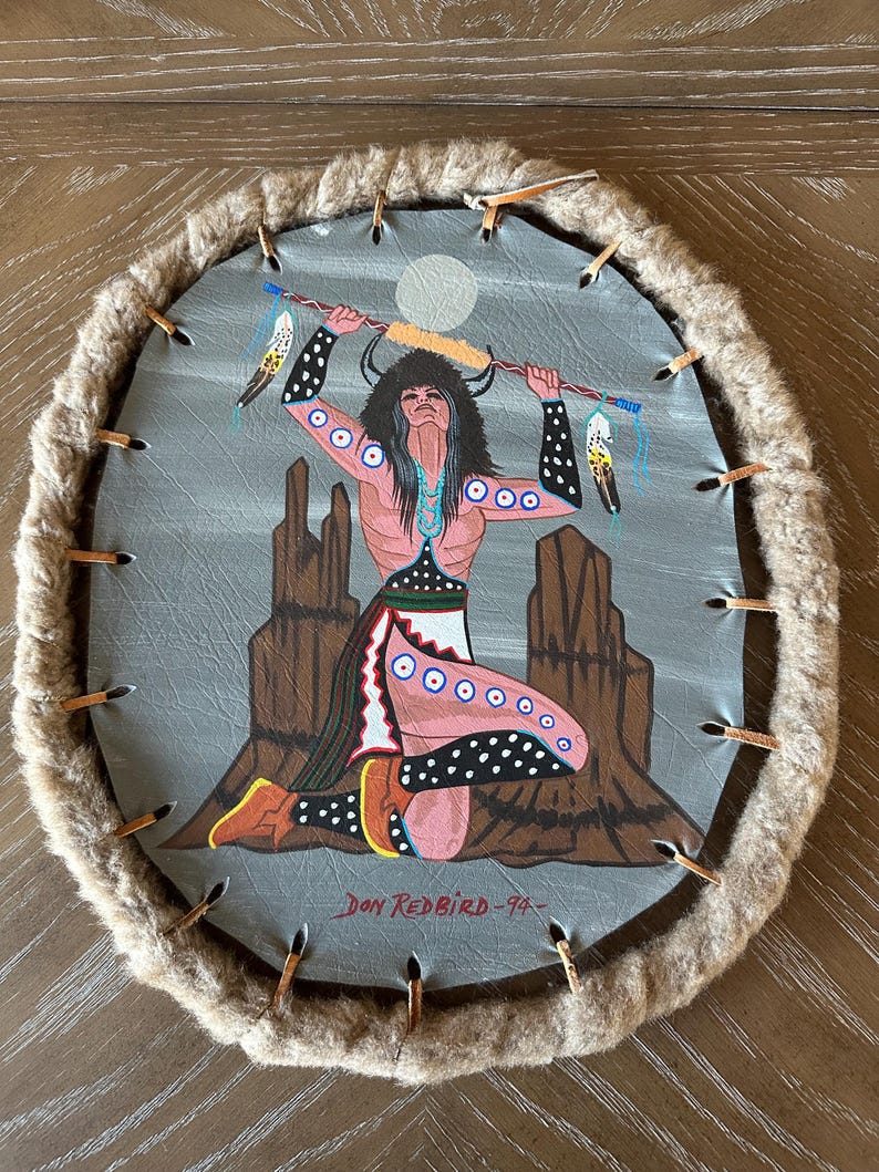 Vintage Native American Art, Set of 2 Buffalo Shields on Leather by Don ...