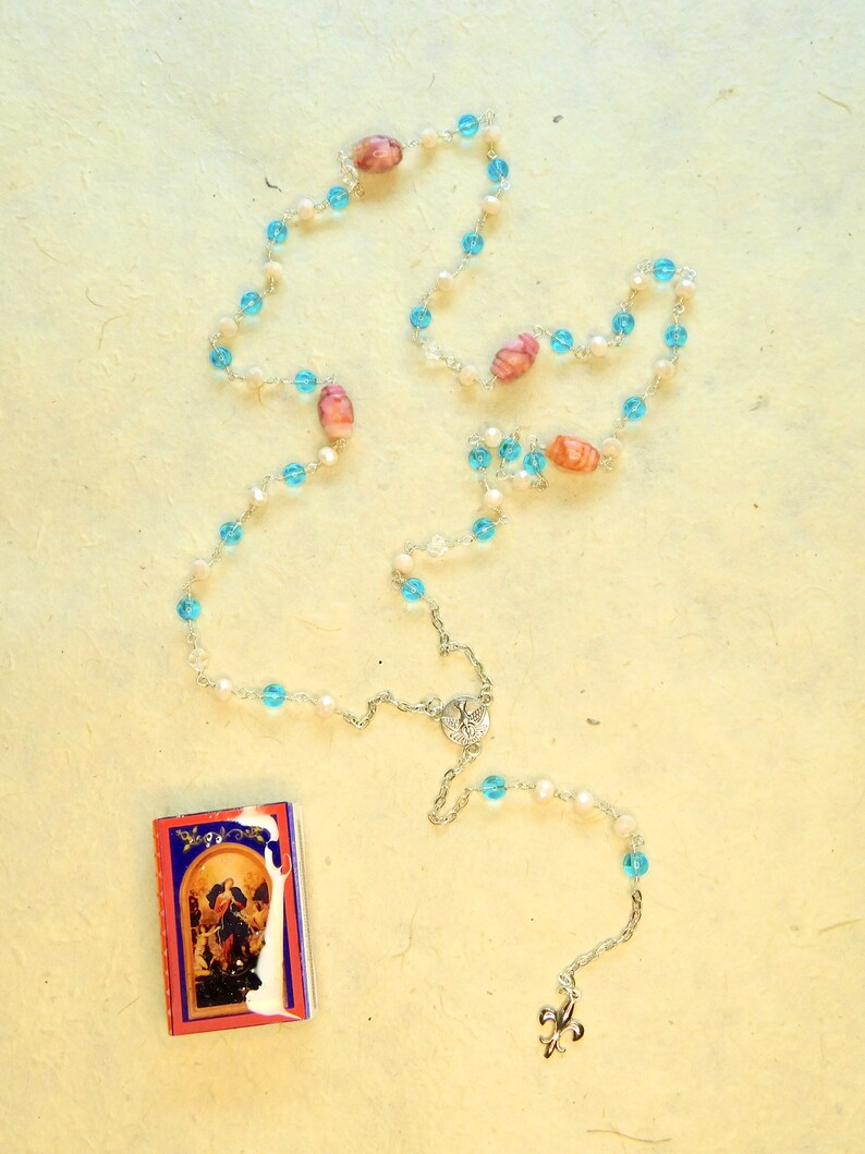 Holy Spirit Fleur De Lis Light Blue and Pink Rosary Prayer Beads 54 ...