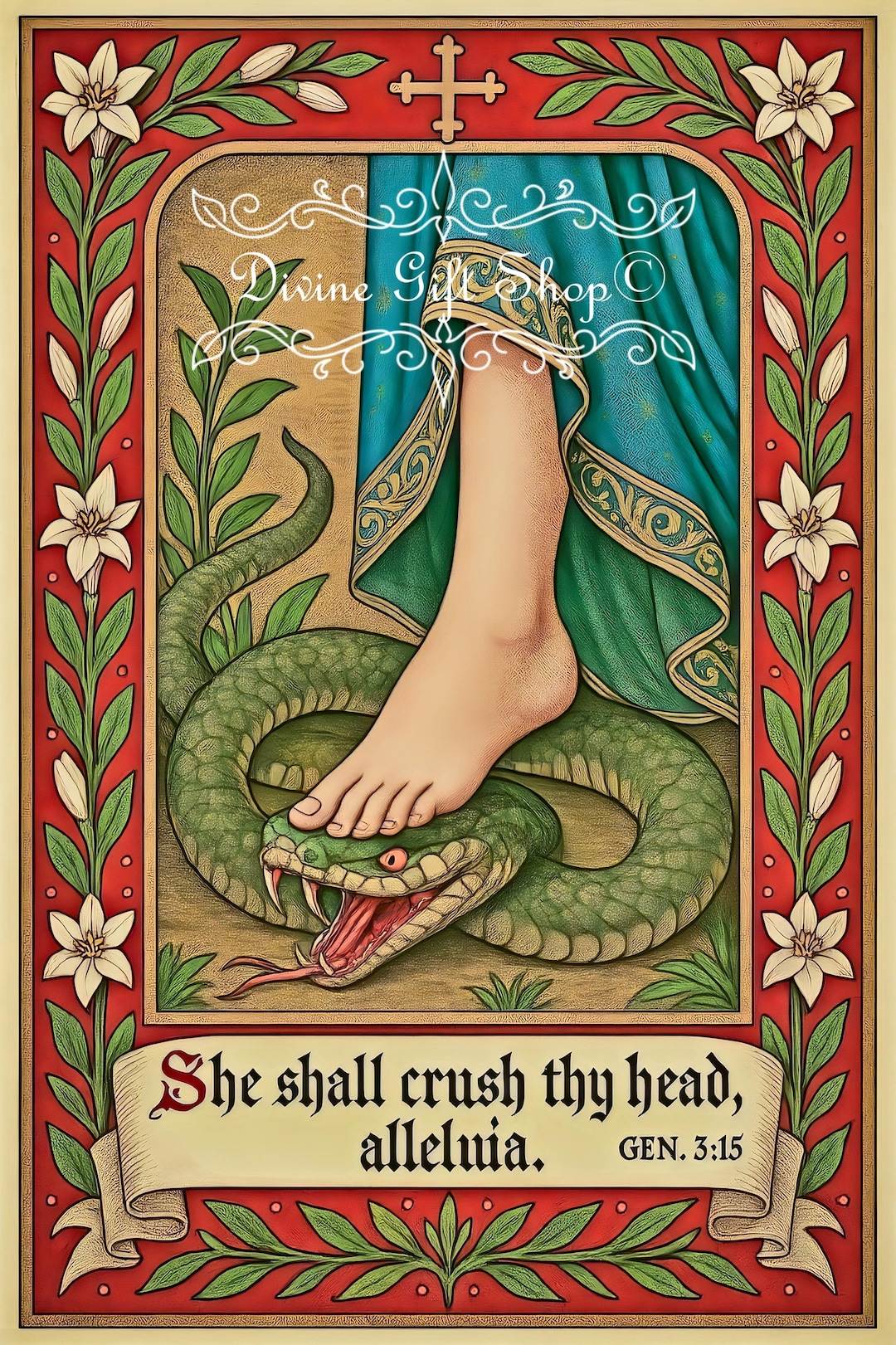 Our Lady Crushing Serpent Icon Print, Satan Defeated, Gen 3:15 ...