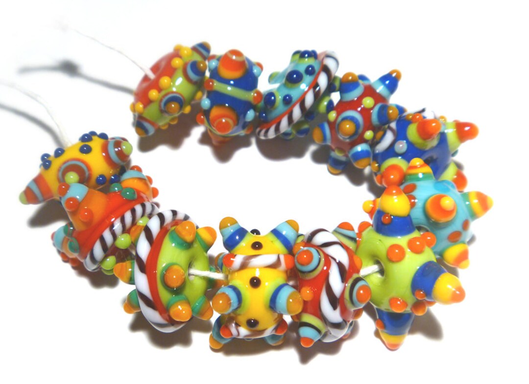PINATA PATROL Handmade Lampwork Beads Yellow Blue Ivory Green Crazy ...