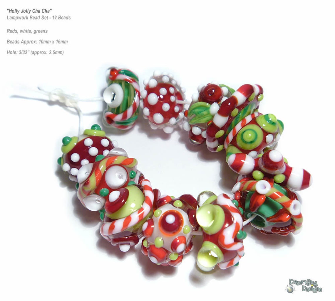 HOLLY JOLLY CHACHA Lampwork Beads Handmade Holiday Color Mix Red Green ...