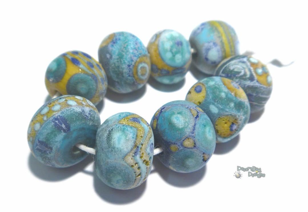 AEGEAN Lampwork Beads Handmade Blue Turquoise Squash Matte Ancient Look ...