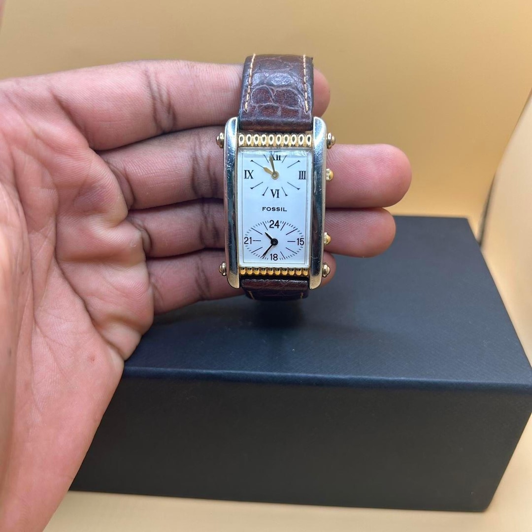 Fossil Dual Time Tank Quartz Patina Aged White Dial Tm-6235 Vintage - Etsy