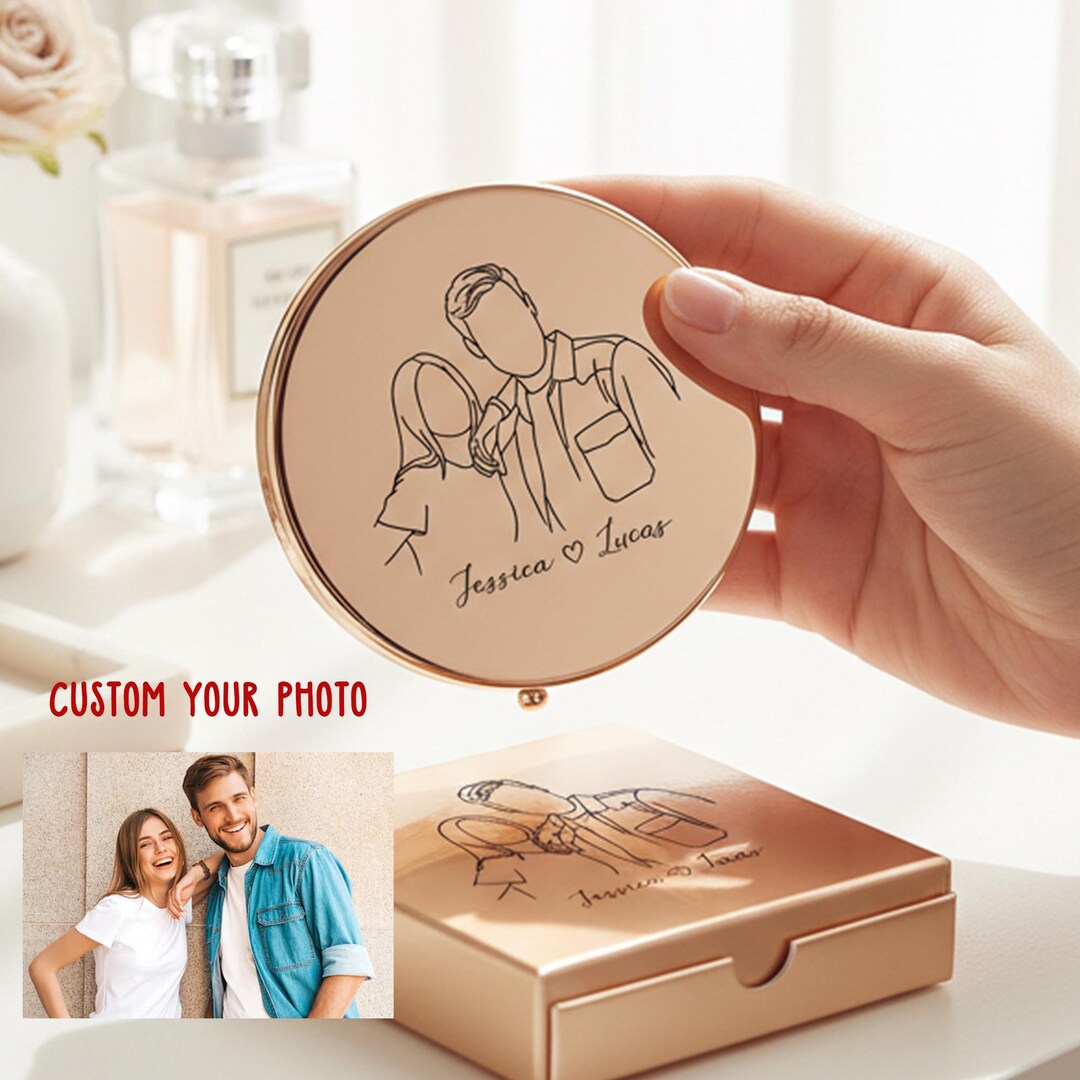 Personalized Photo Line Drawing Engraved Pocket Makeup Mirror, Custom ...