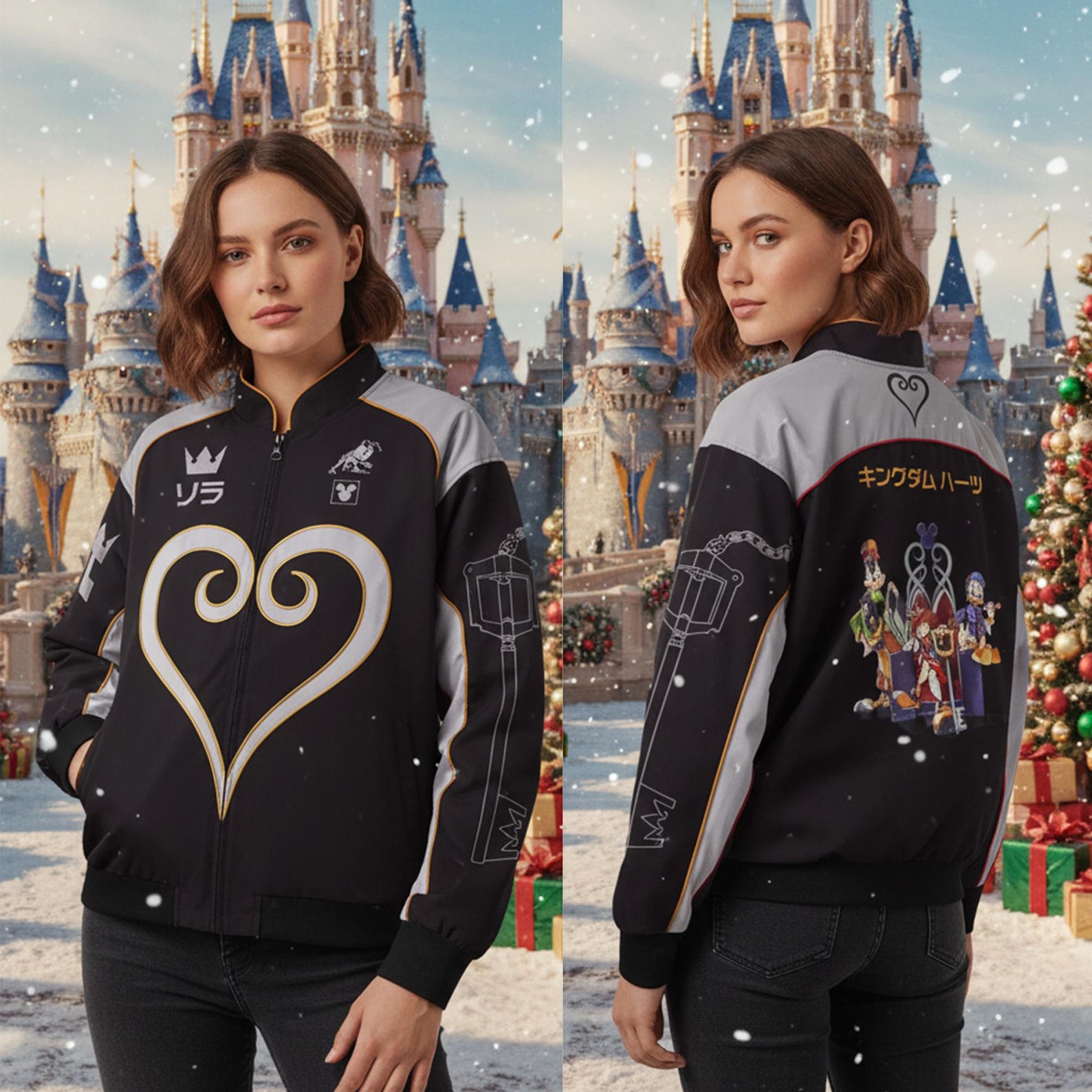 Disney Kingdom Hearts Logo Bomber Jacket, Sora Donald Goofy on Throne ...
