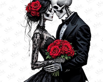 Bride and Groom Skeleton PNG, Cute Gothic Wedding Couple Sublimation ...