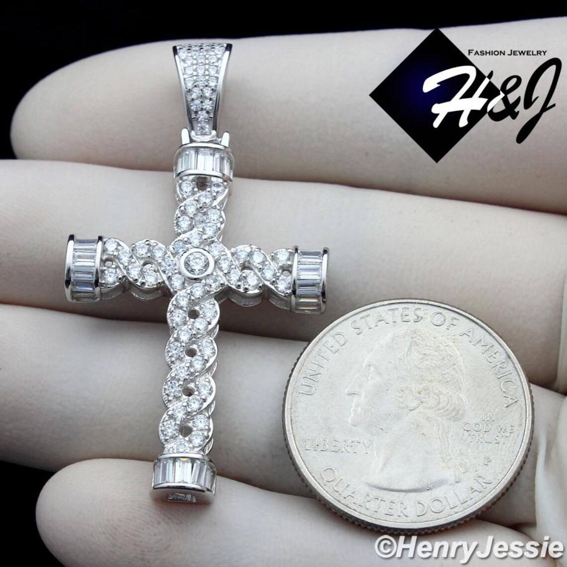 Men 925 Sterling Silver Icy Bling Baguette CZ Gold/silver 3D Cross ...