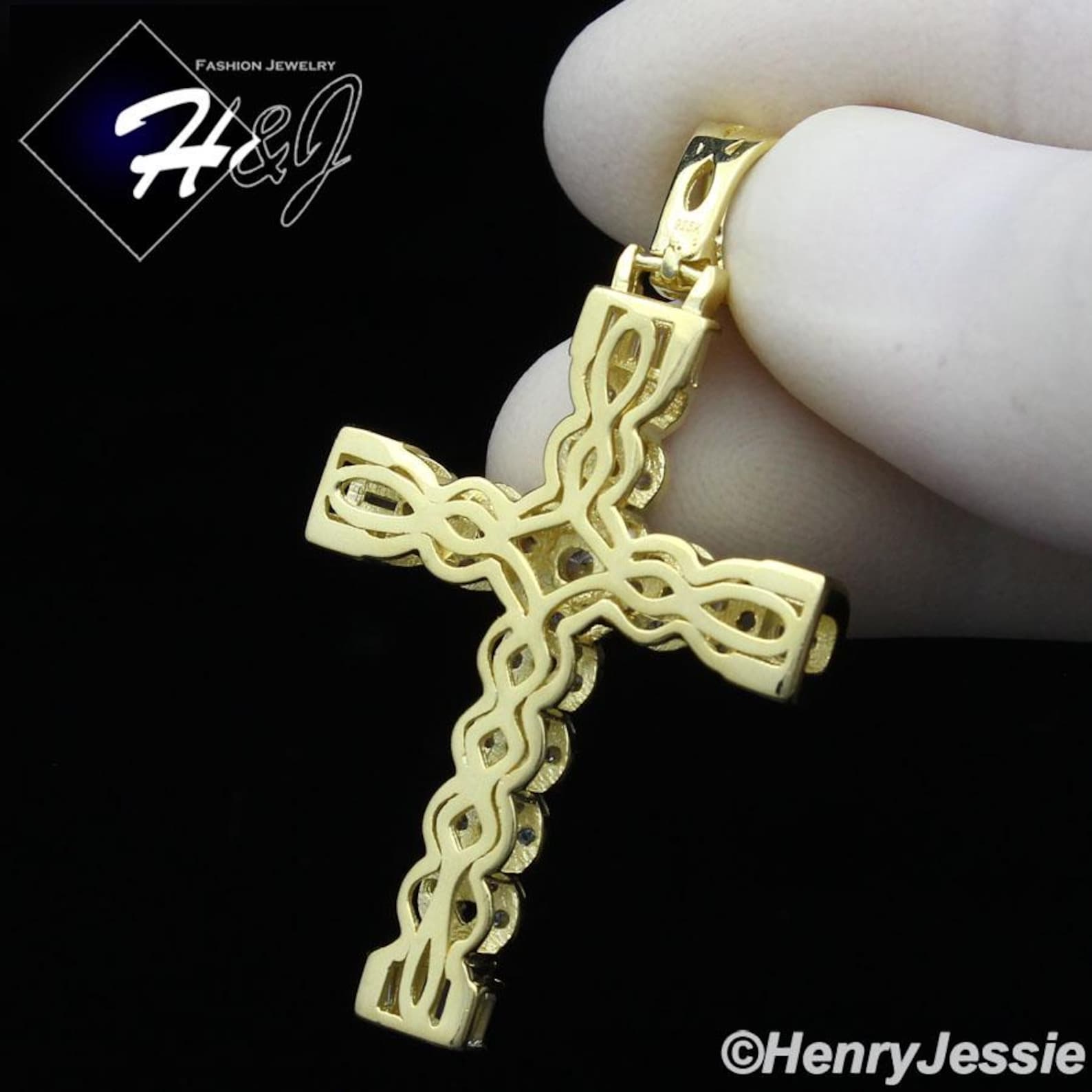 Men 925 Sterling Silver Icy Bling Baguette CZ Gold/silver 3D Cross ...