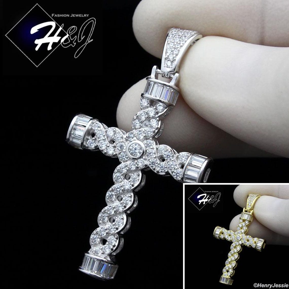 Men 925 Sterling Silver Icy Bling Baguette CZ Gold/silver 3D Cross ...