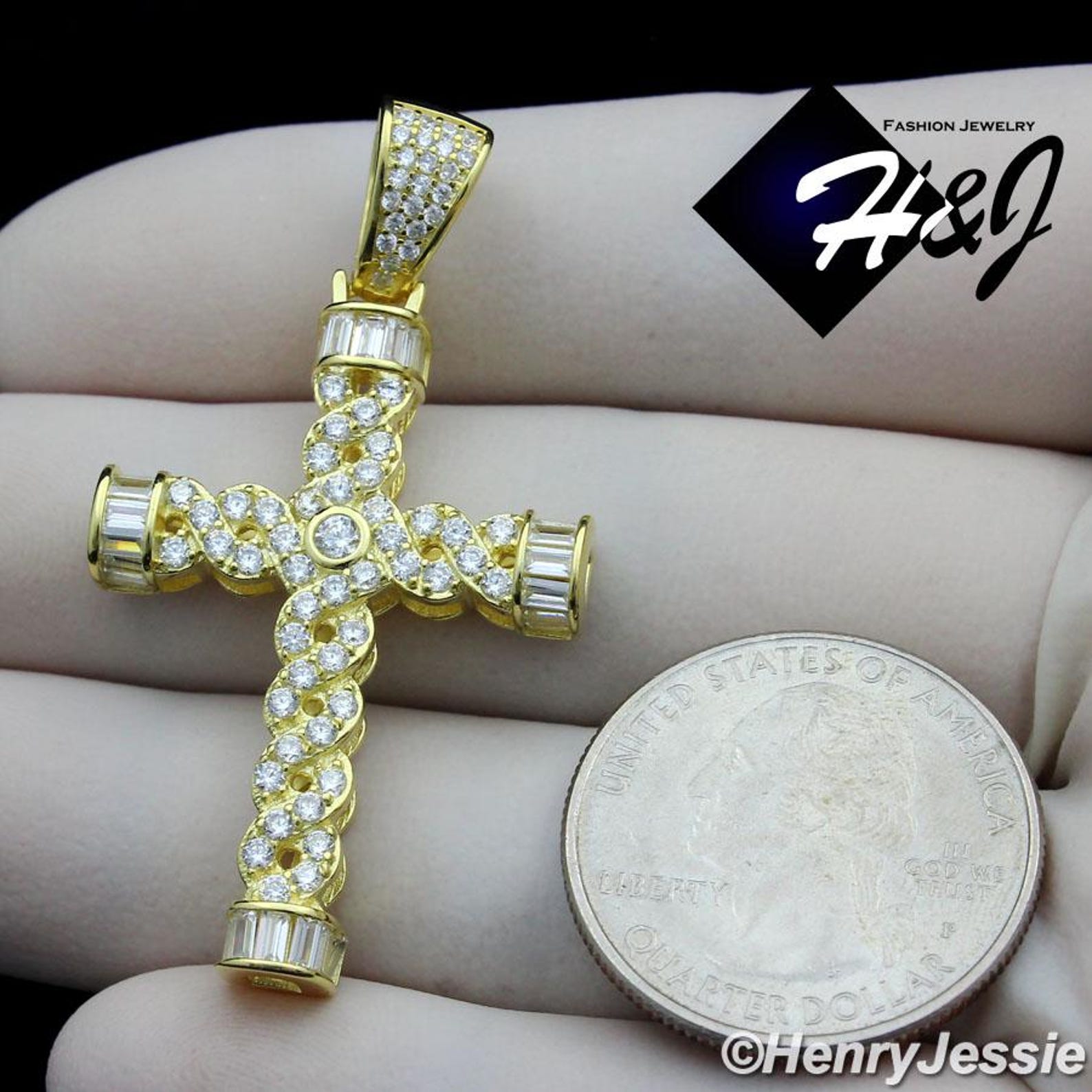 Men 925 Sterling Silver Icy Bling Baguette CZ Gold/silver 3D Cross ...