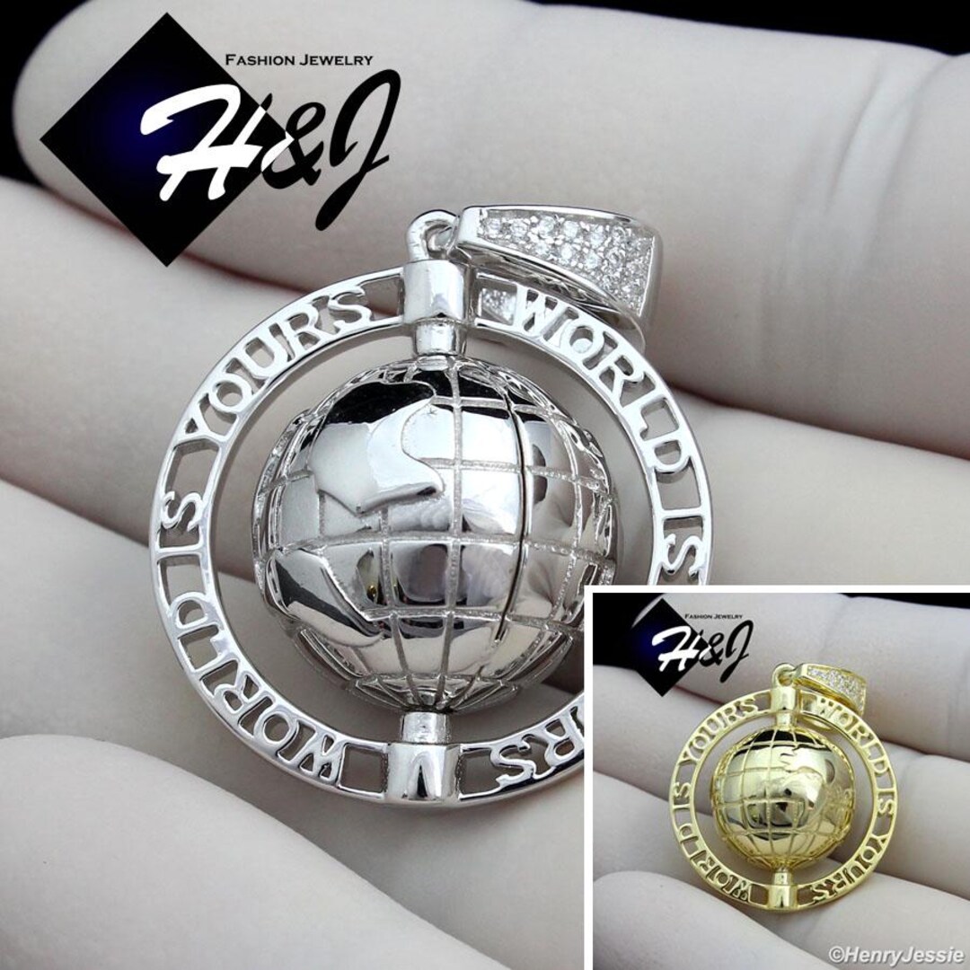 925 Sterling Silver Bling CZ Hiphop "world is Yours" 3D Spin Globe ...