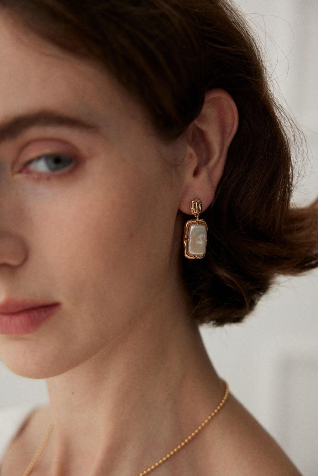 Rectangular Pearl and Gold Earring | Vintage Style | 18K Gold Plated ...