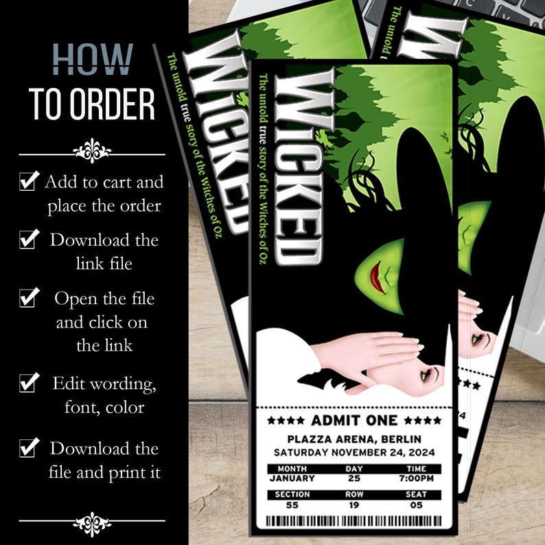 Printable Wicked Musical Theatre Ticket, Personalized Gift Reveal ...