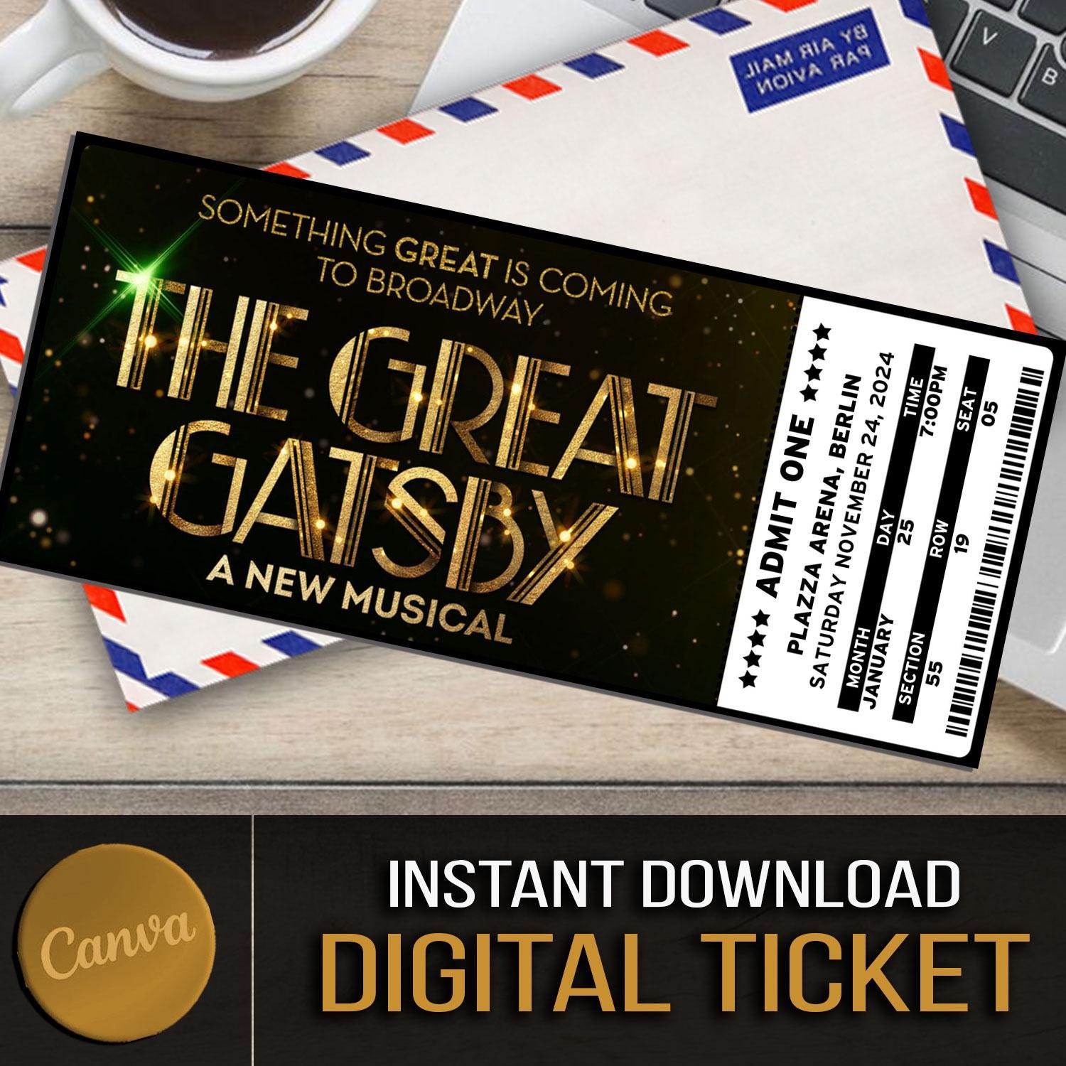 Printable the GREAT GATSBY Musical Theatre Ticket, Personalized Gift ...
