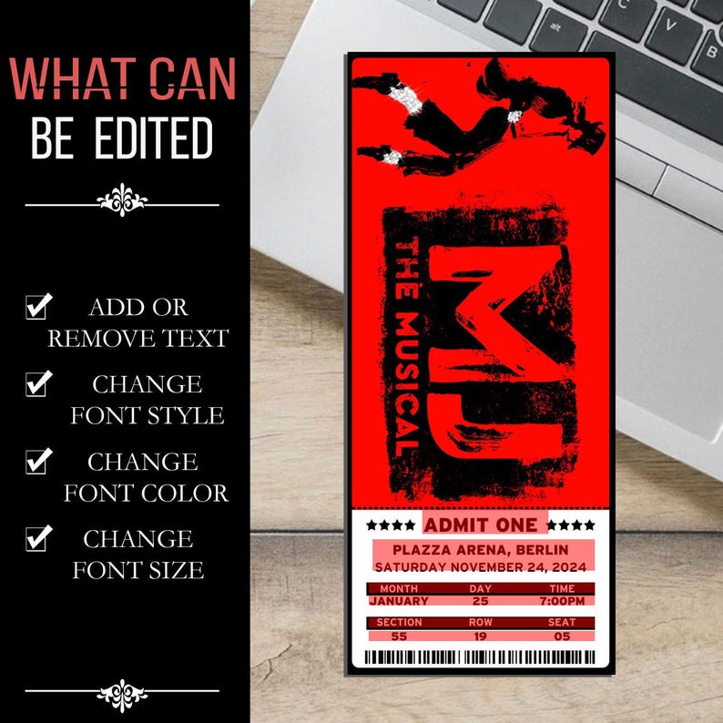 Printable MJ Musical Theatre Ticket, Personalized Gift Reveal, Editable ...