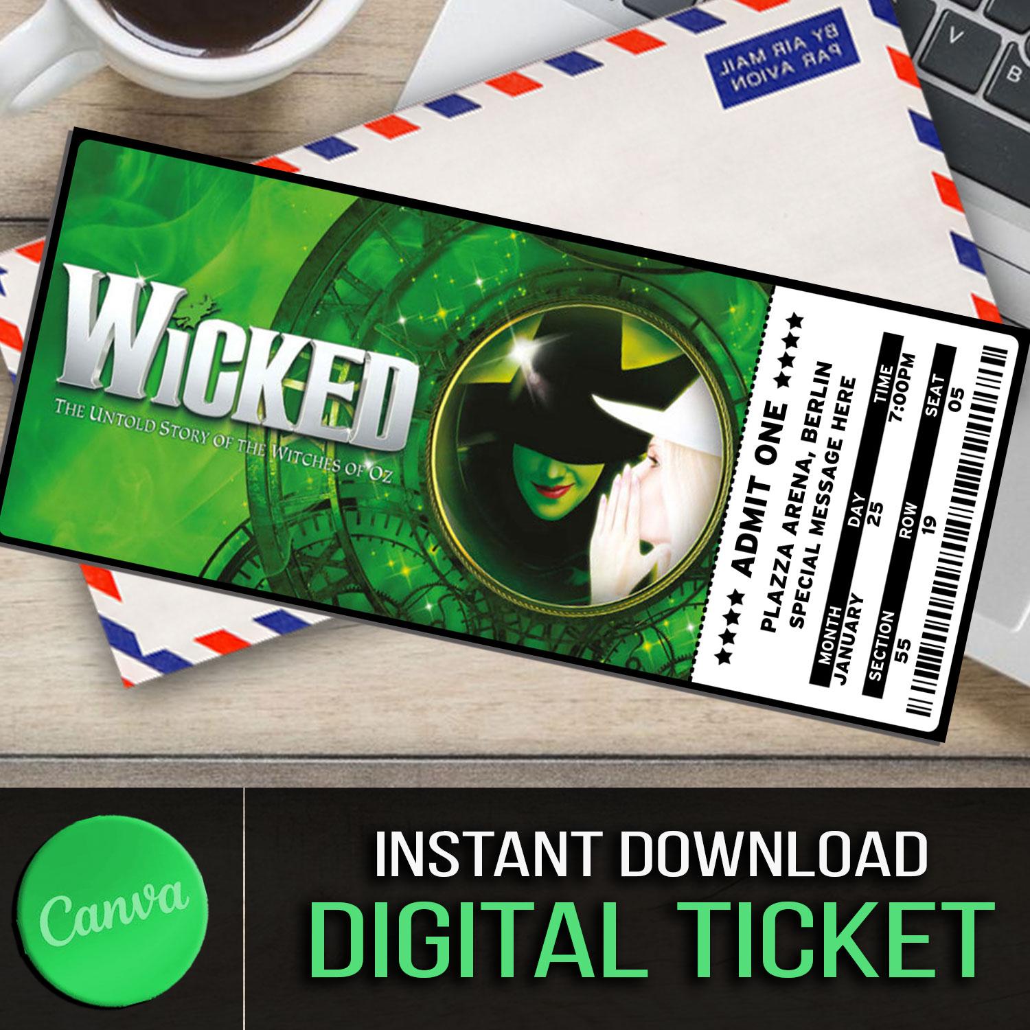 Printable WICKED Broadway Surprise Ticket, WICKED Musical Collectible Theater Ticket, WICKED ...