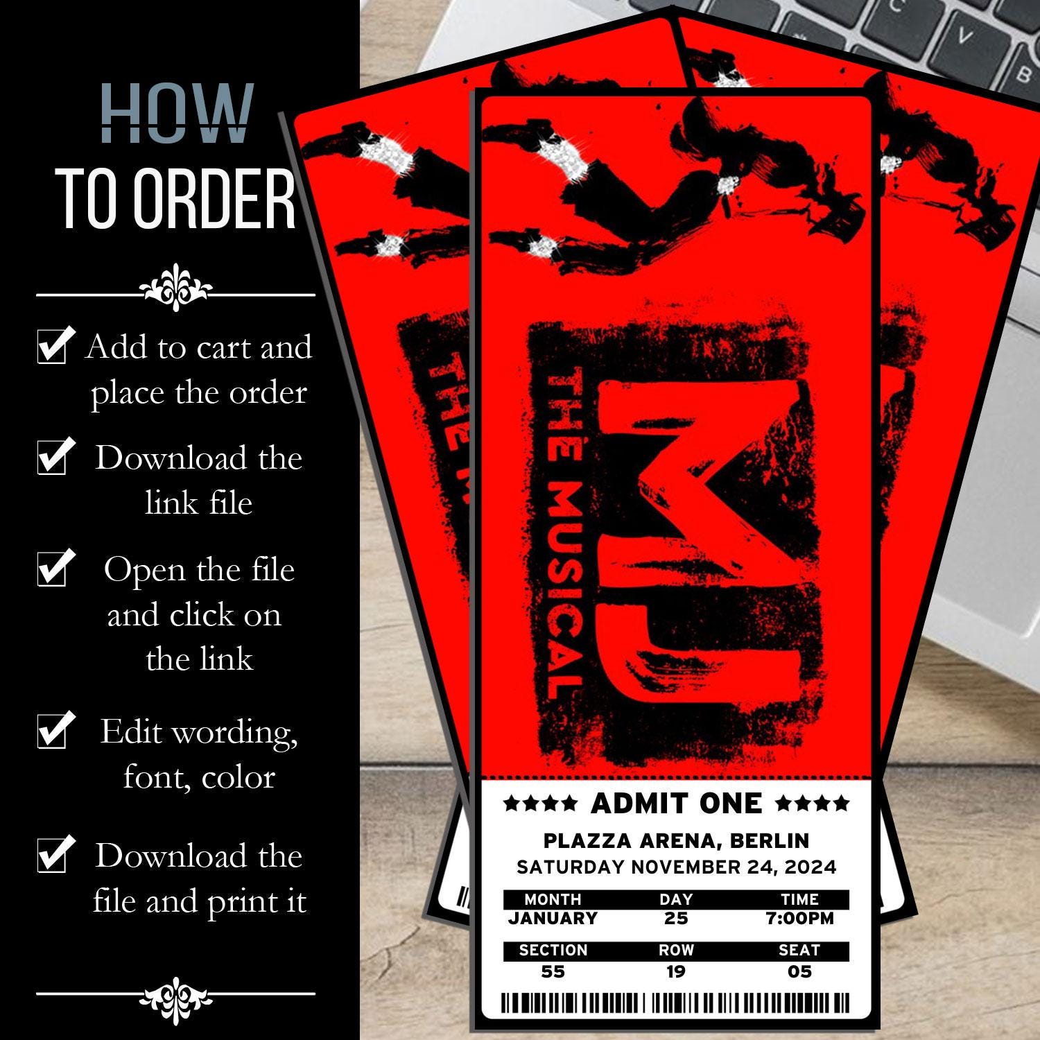 Printable MJ Musical Theatre Ticket, Personalized Gift Reveal, Editable ...