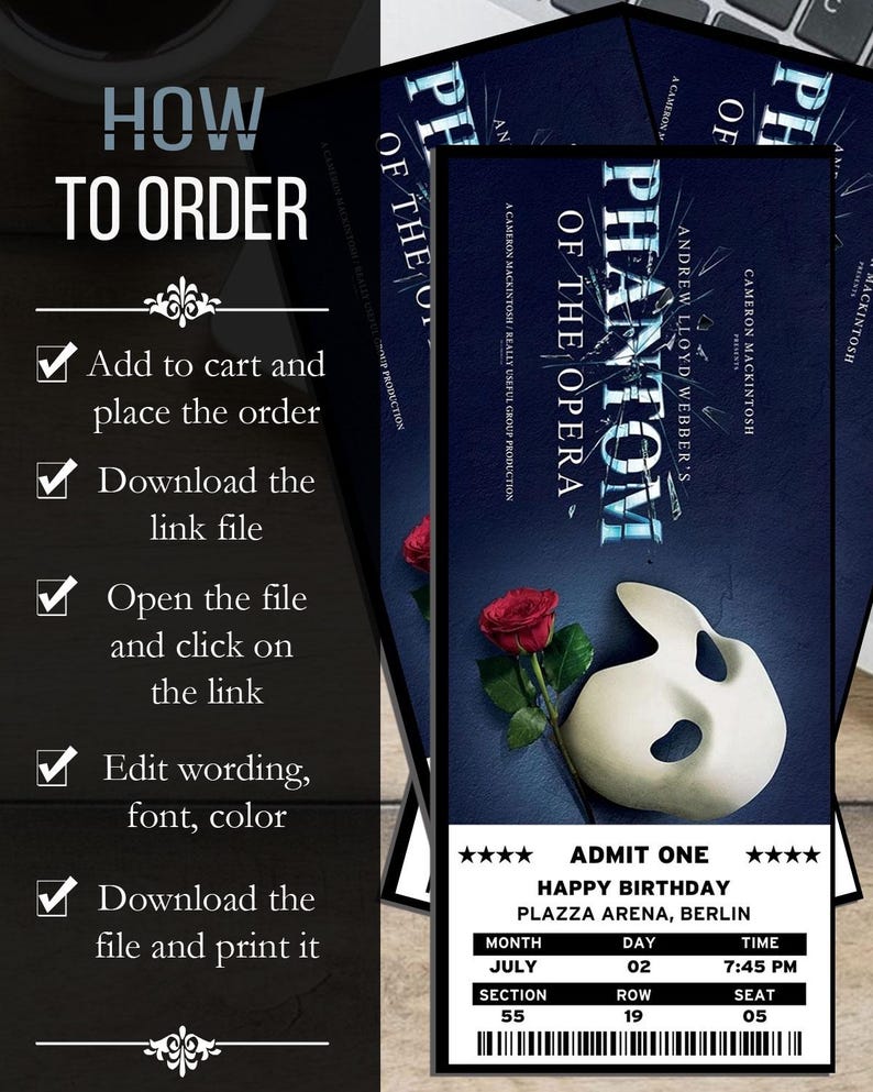 Printable Phantom of the Opera Ticket Souvenir: Personalized Event ...