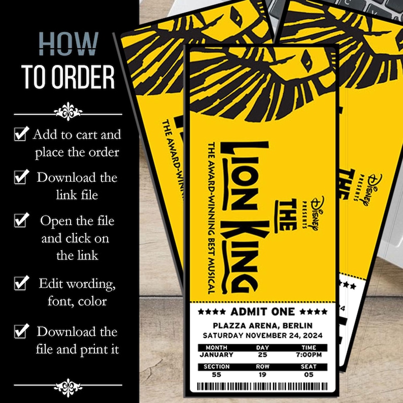 Printable Lion King Ticket | Editable Lion King Tickets | Musical Fake ...