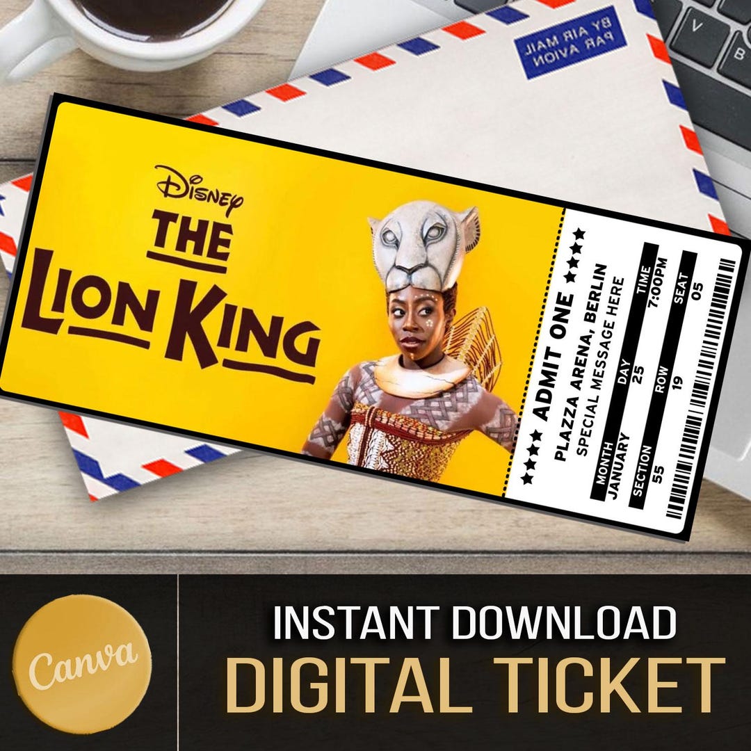 Printable the Lion King Musical Theatre Ticket, Personalized Gift Reveal, Editable West End ...