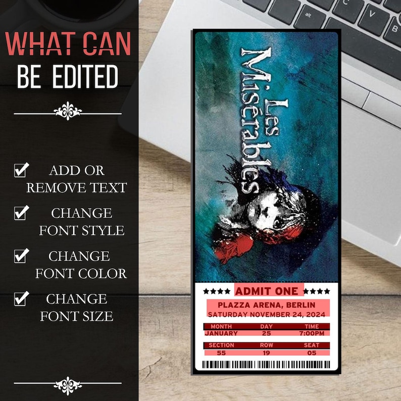Printable Les Miserables Musical Theatre Ticket, Personalized Gift ...