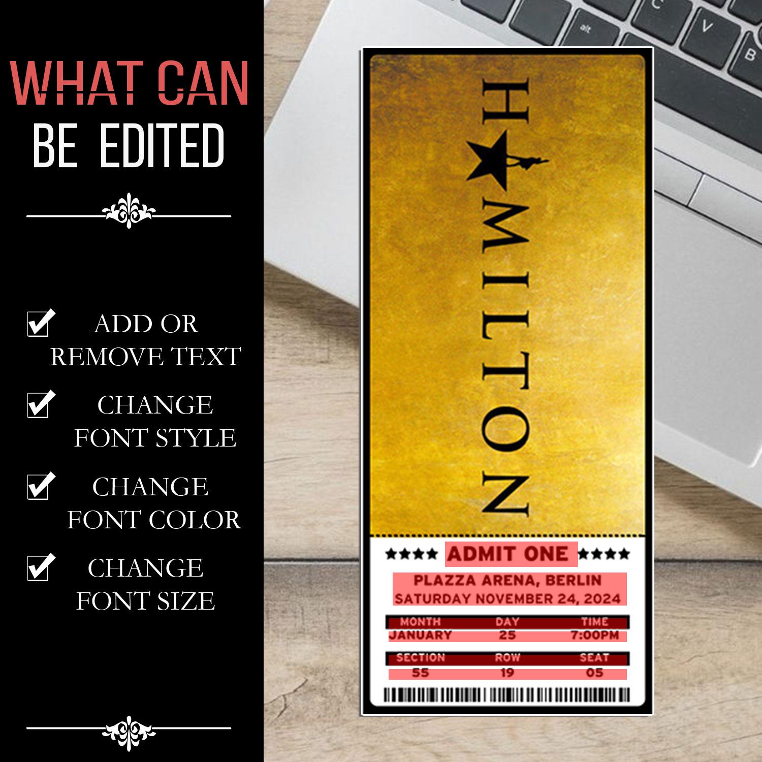 HAMILTON Broadway Gift Ticket | Editable Personalized Musical Theatre Ticket | Canva Instant ...