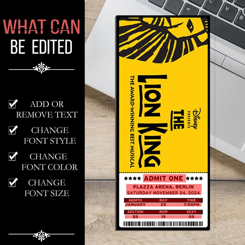 Printable Lion King Ticket | Editable Lion King Tickets | Musical Fake ...