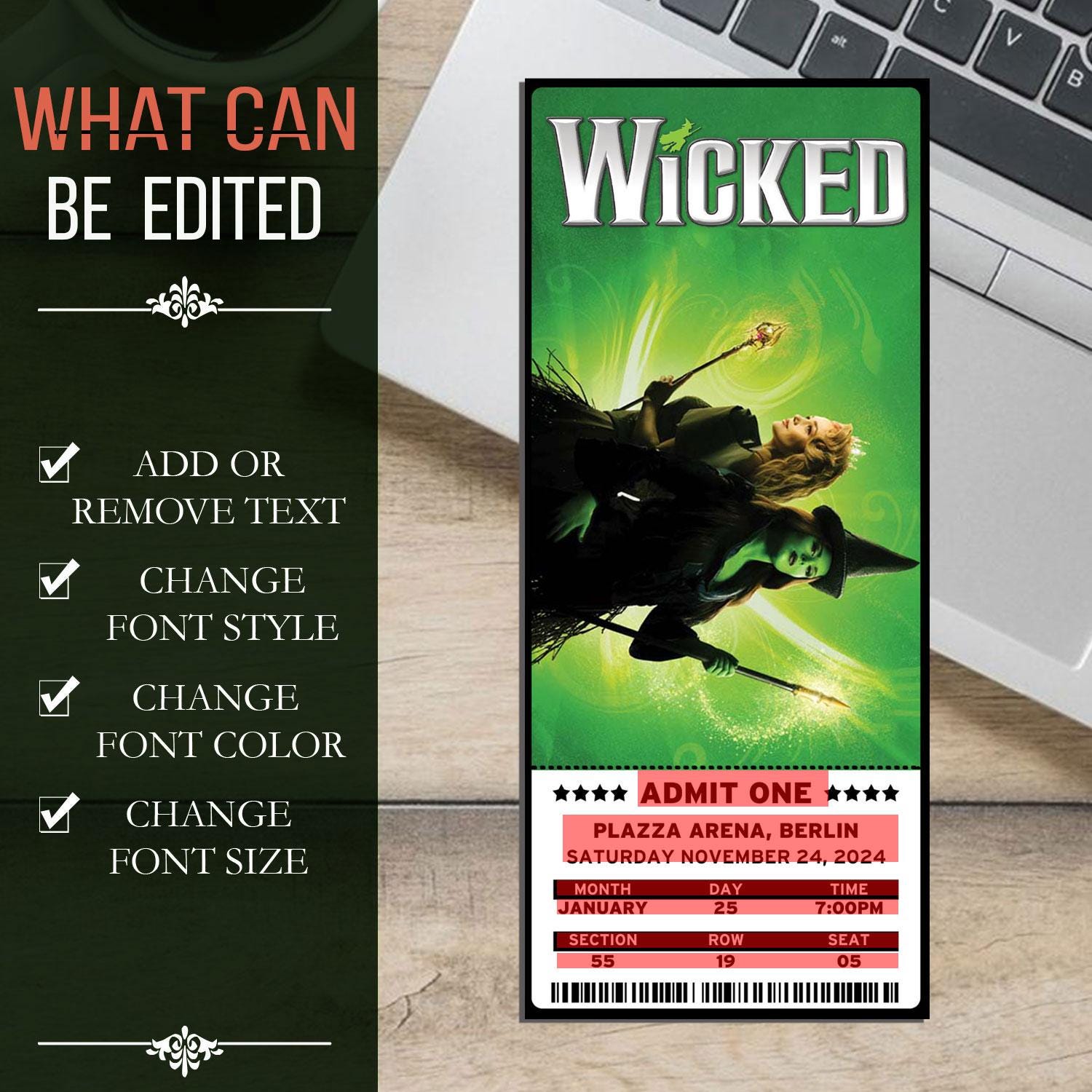 Printable WICKED Broadway Surprise Ticket. Editable Musical Theatre ...
