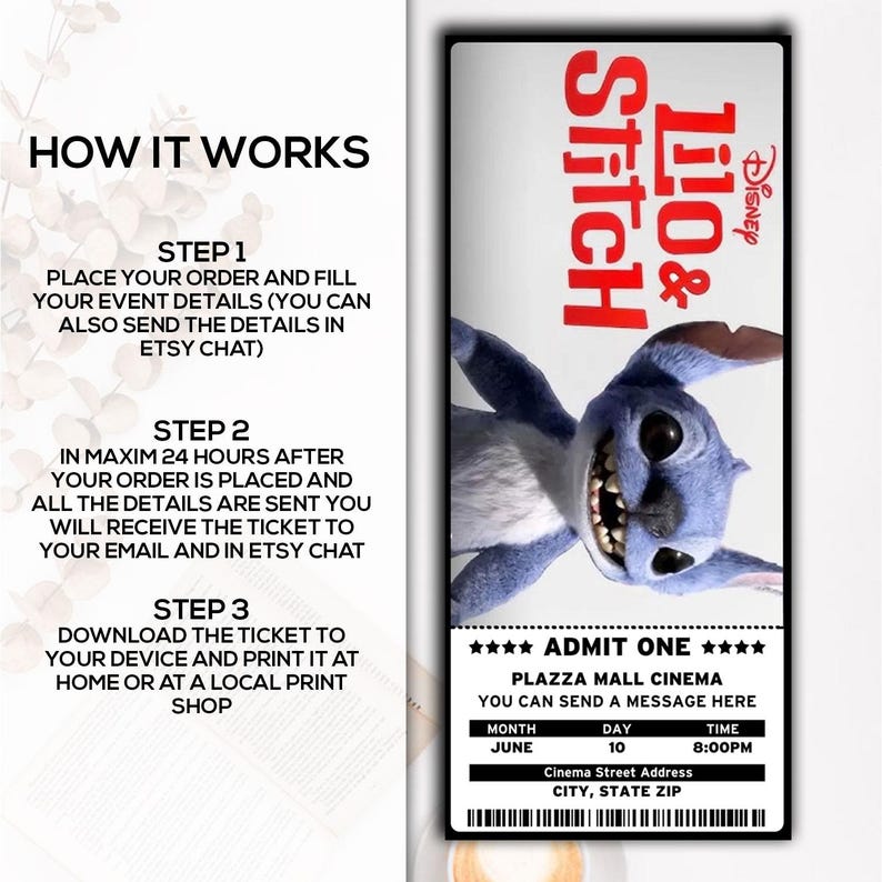 Lilo and Stitch Custom Movie Ticket Template, Surprise Movie Tickets ...