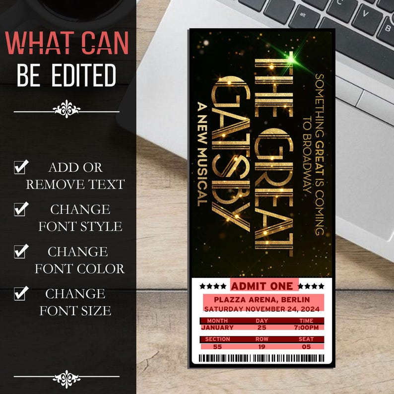 Printable the GREAT GATSBY Musical Theatre Ticket, Personalized Gift ...