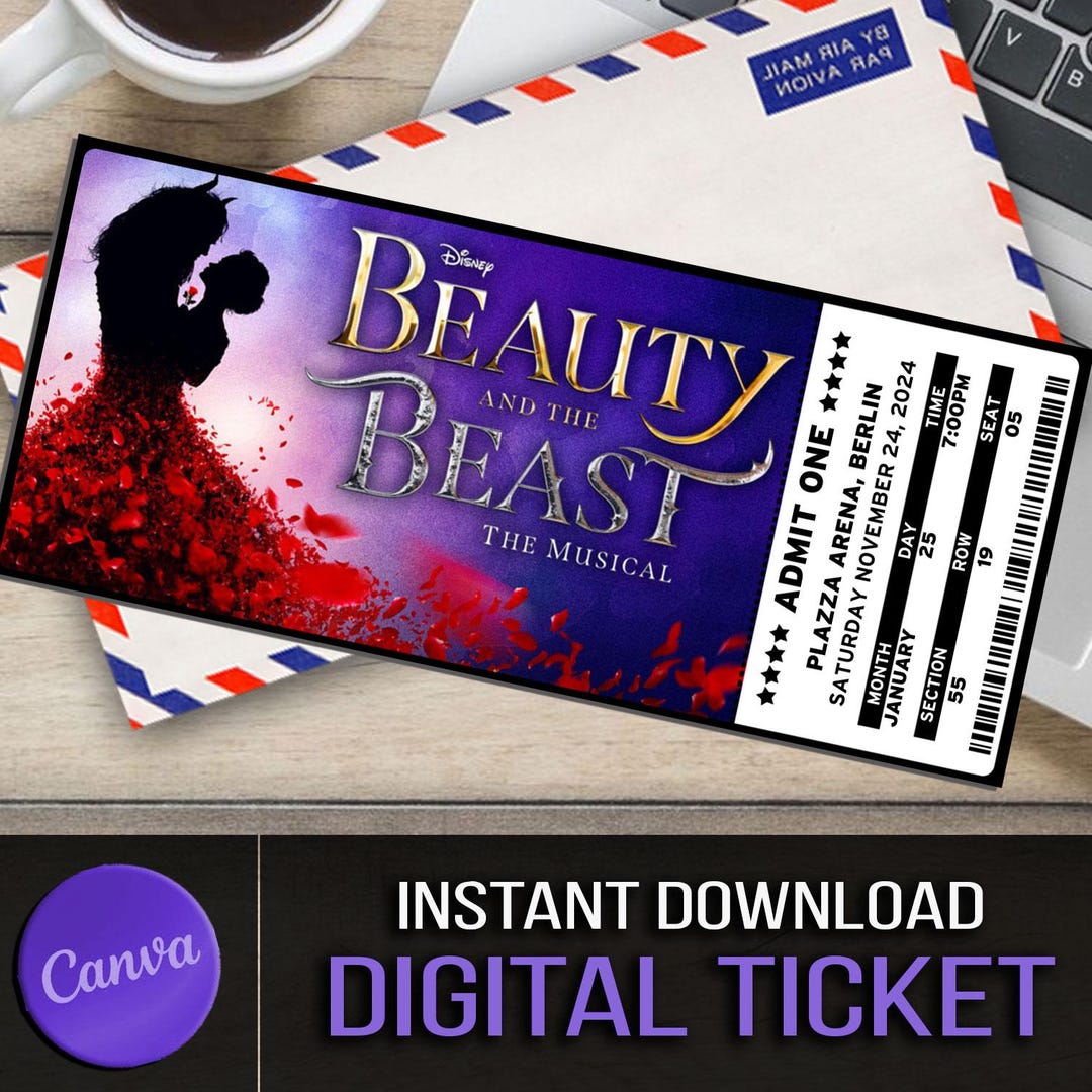 Printable the BEAUTY and the BEAST Musical Theatre Ticket, Personalized ...