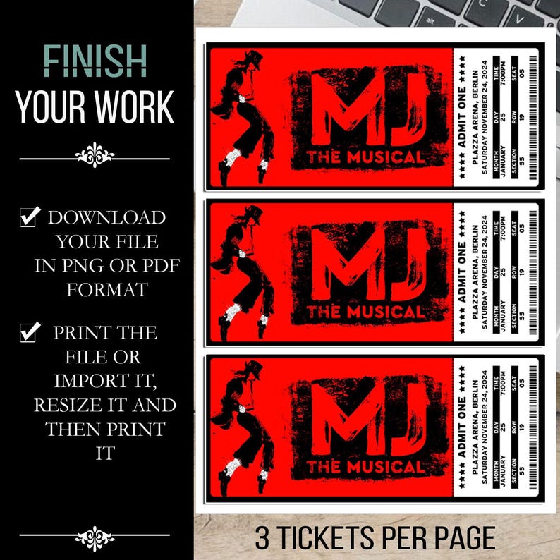 Printable MJ Musical Theatre Ticket, Personalized Gift Reveal, Editable ...