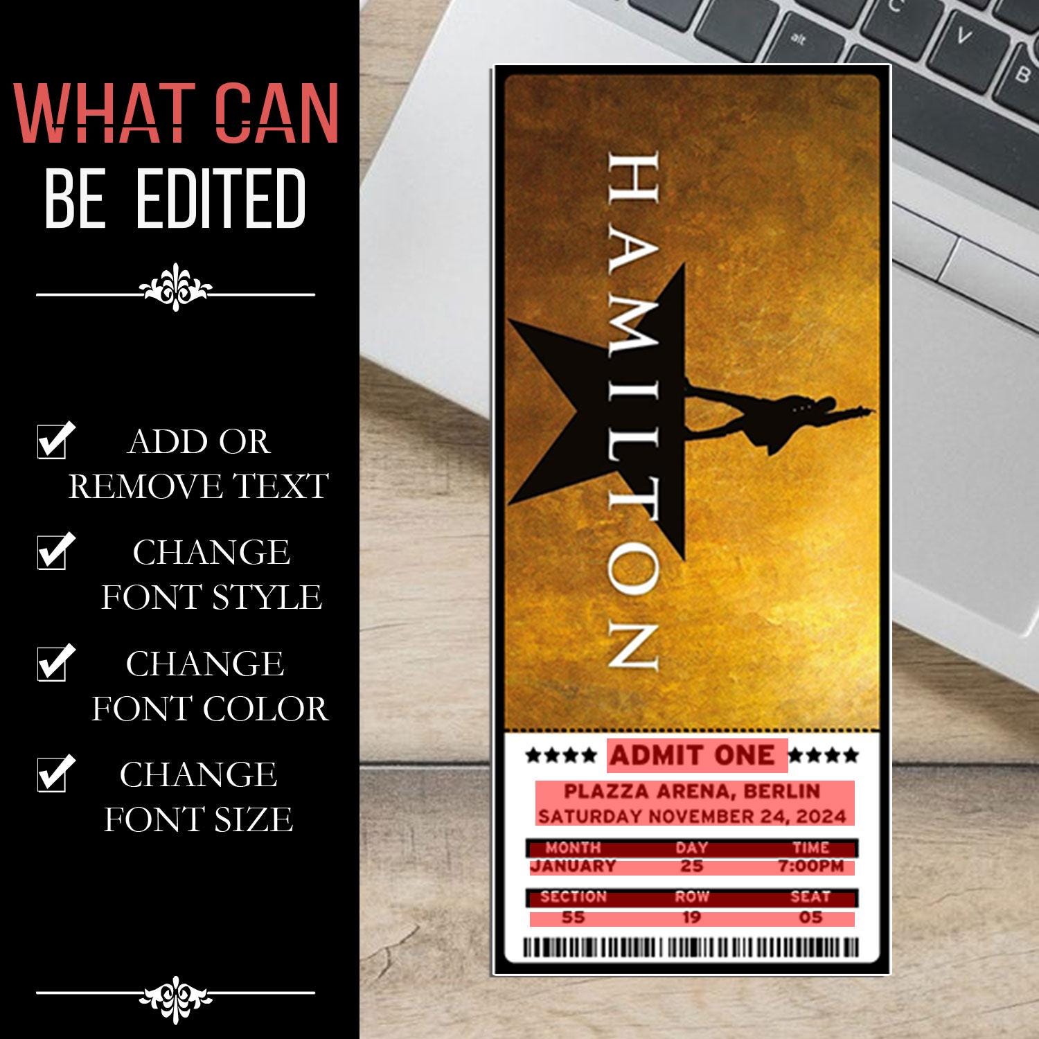 Printable HAMILTON Broadway West End Surprise Ticket Editable Musical ...
