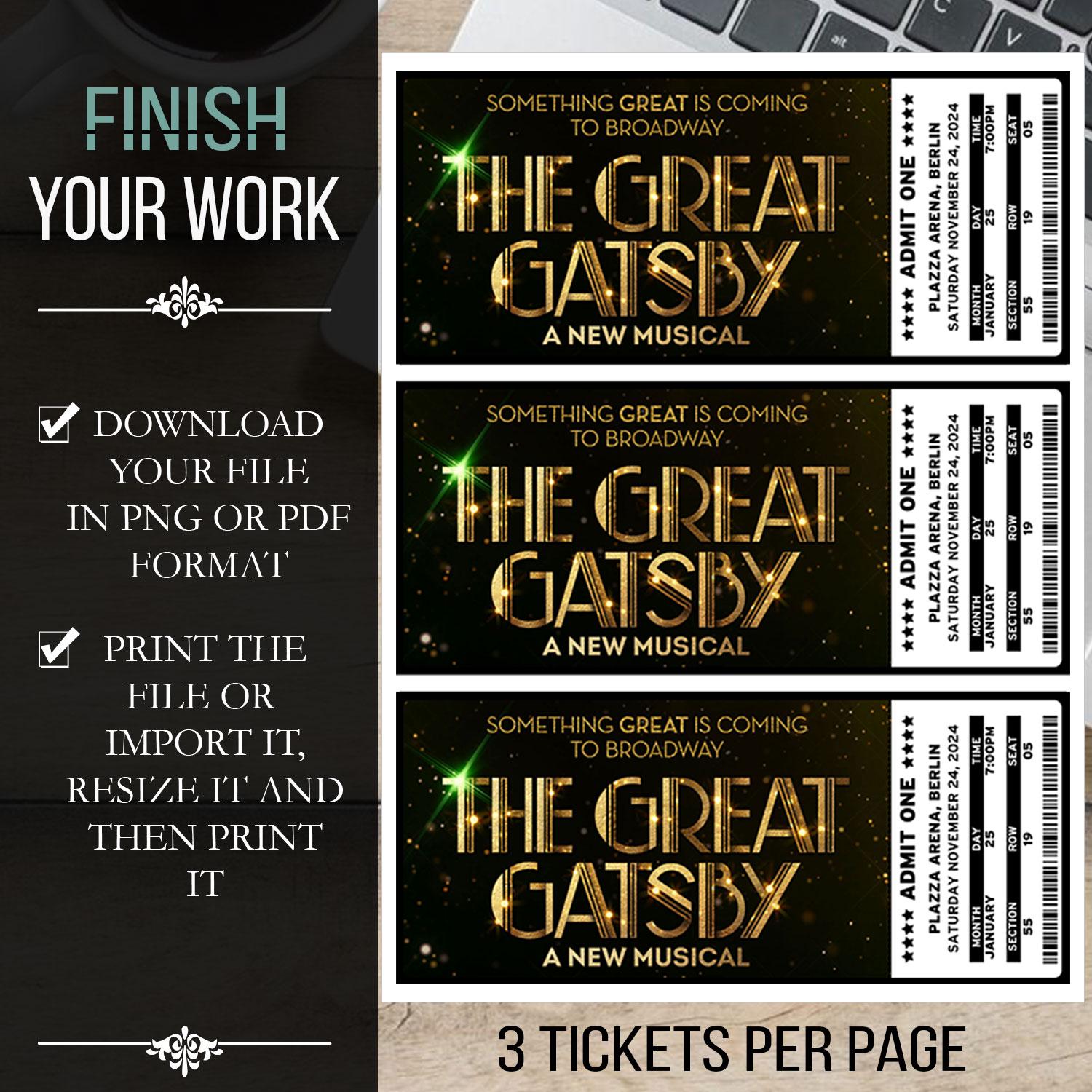 Printable the GREAT GATSBY Musical Theatre Ticket, Personalized Gift ...
