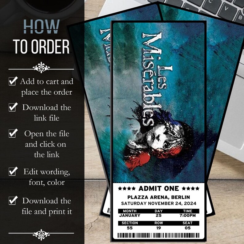 Printable Les Miserables Musical Theatre Ticket, Personalized Gift ...