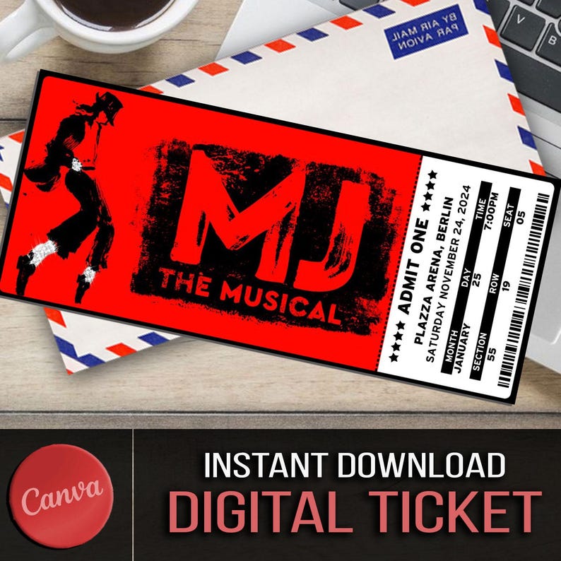 Printable MJ Musical Theatre Ticket, Personalized Gift Reveal, Editable ...