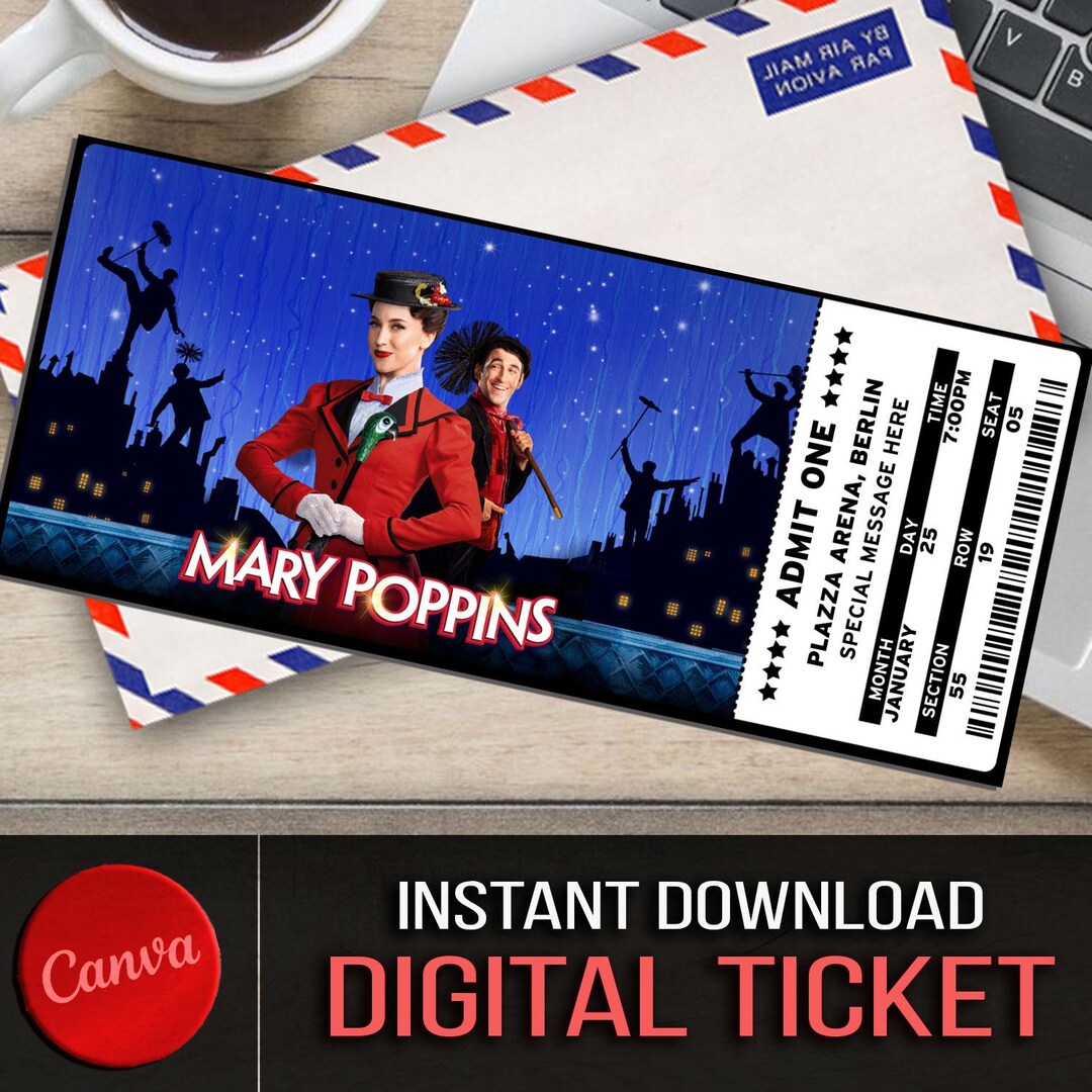 Printable Mary Poppins Broadway Surprise Ticket. Editable Musical Theatre Faux Event Admission ...