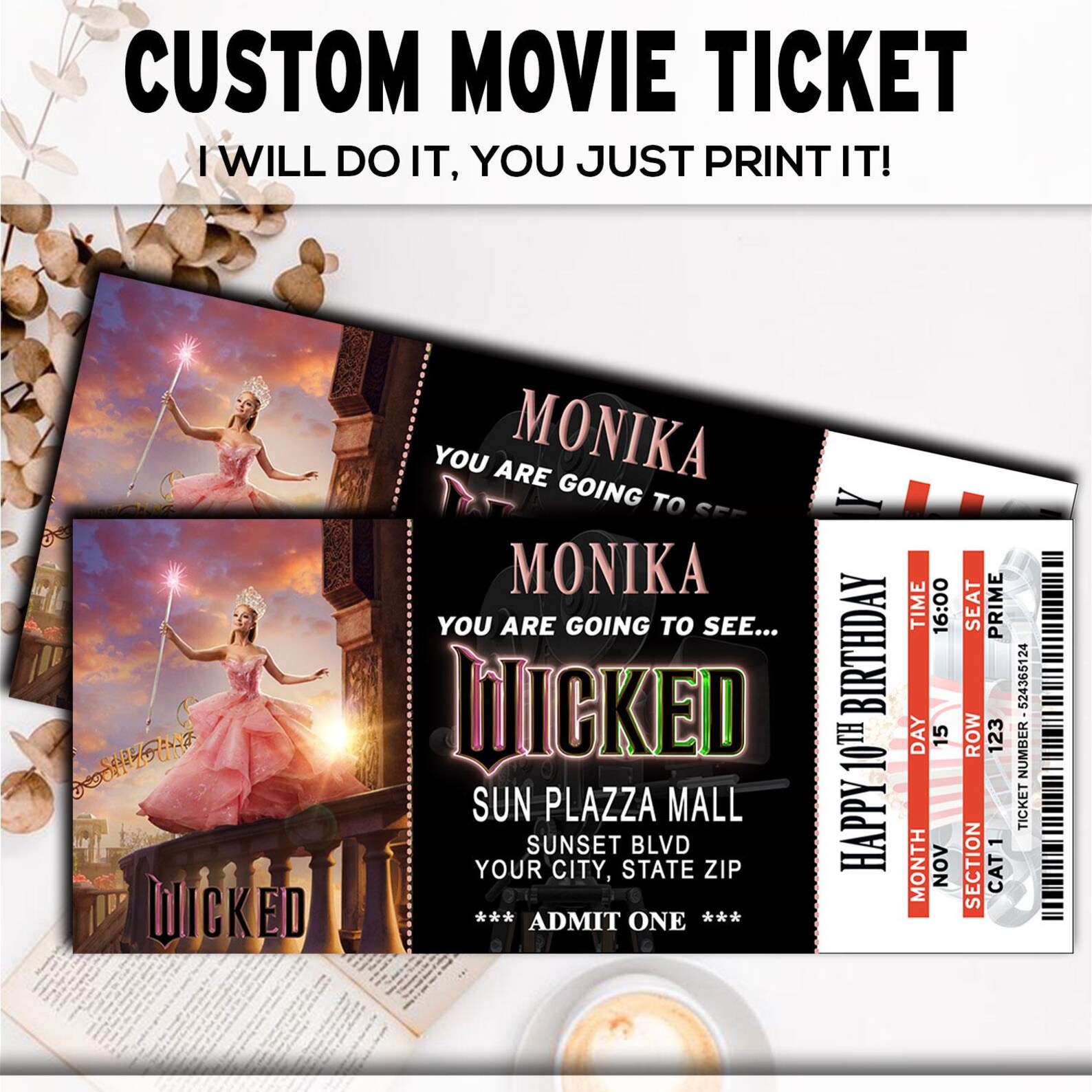 Wicked Movie Ticket Birthday Invitation, Editable Wicked Movie Birthday ...