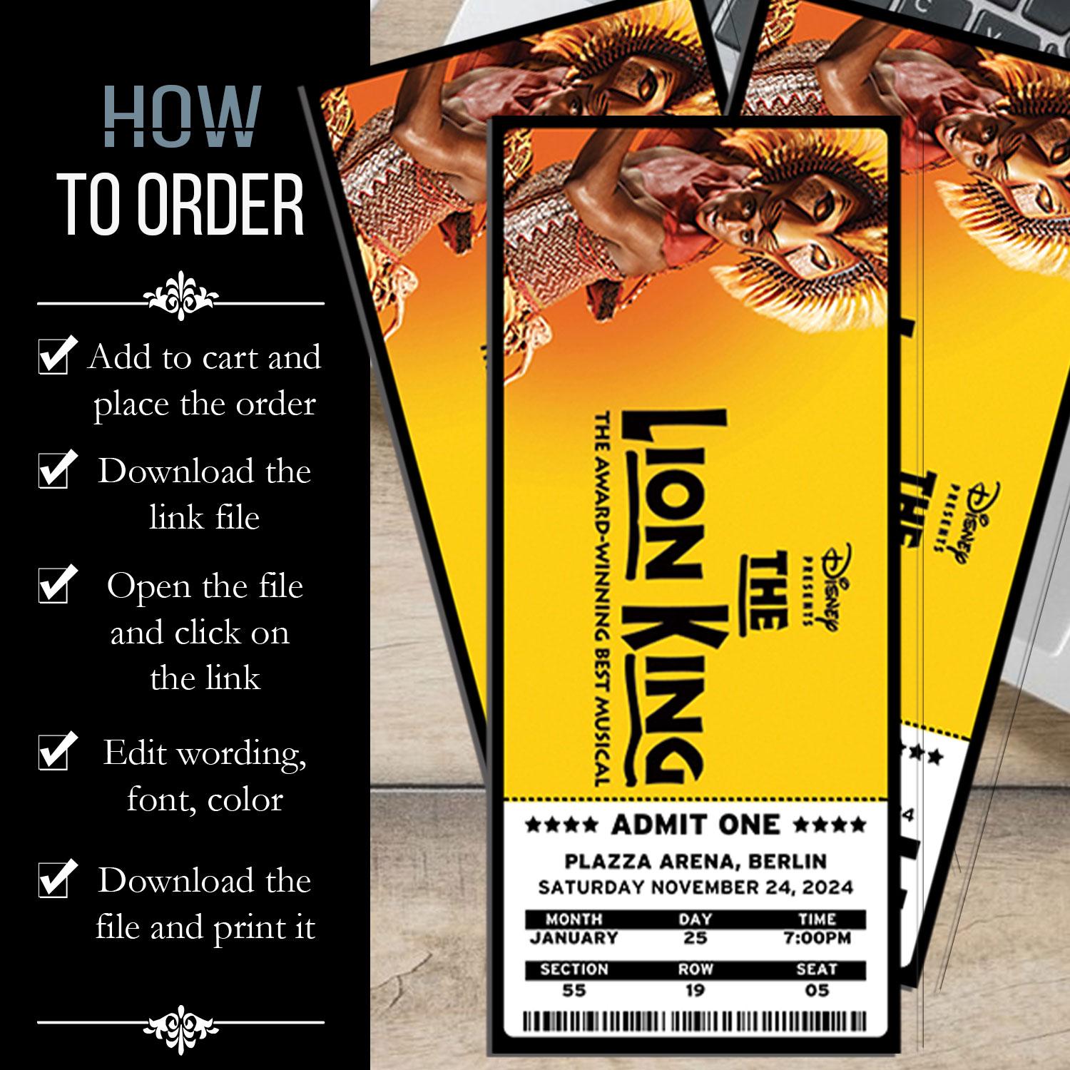 Printable LION KING Broadway Surprise Ticket Editable Musical Theater ...