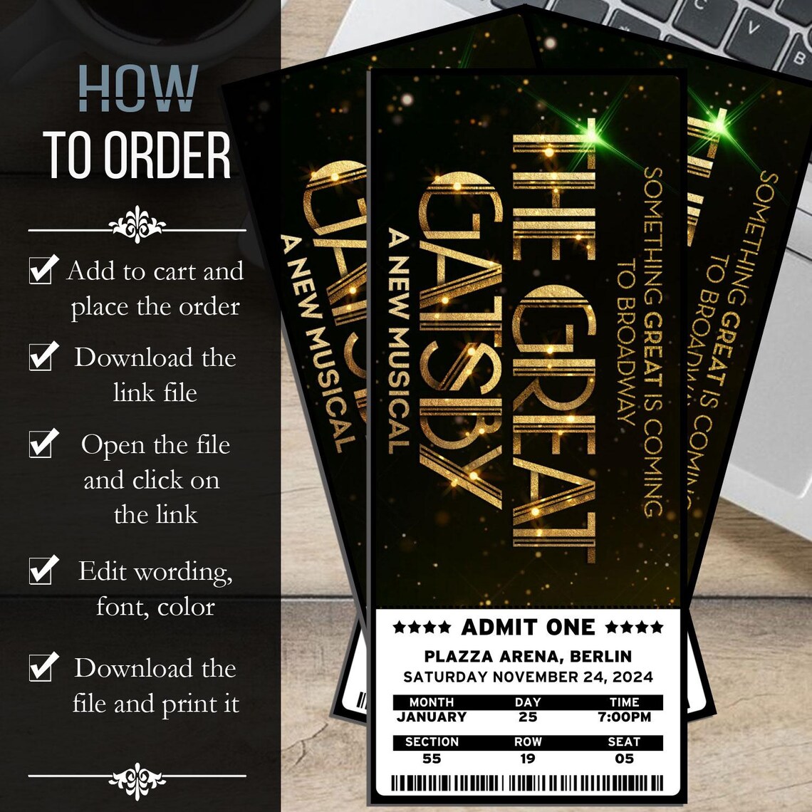 Printable the GREAT GATSBY Musical Theatre Ticket, Personalized Gift ...