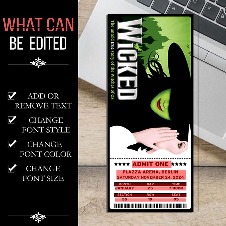 Printable Wicked Musical Theatre Ticket, Personalized Gift Reveal ...