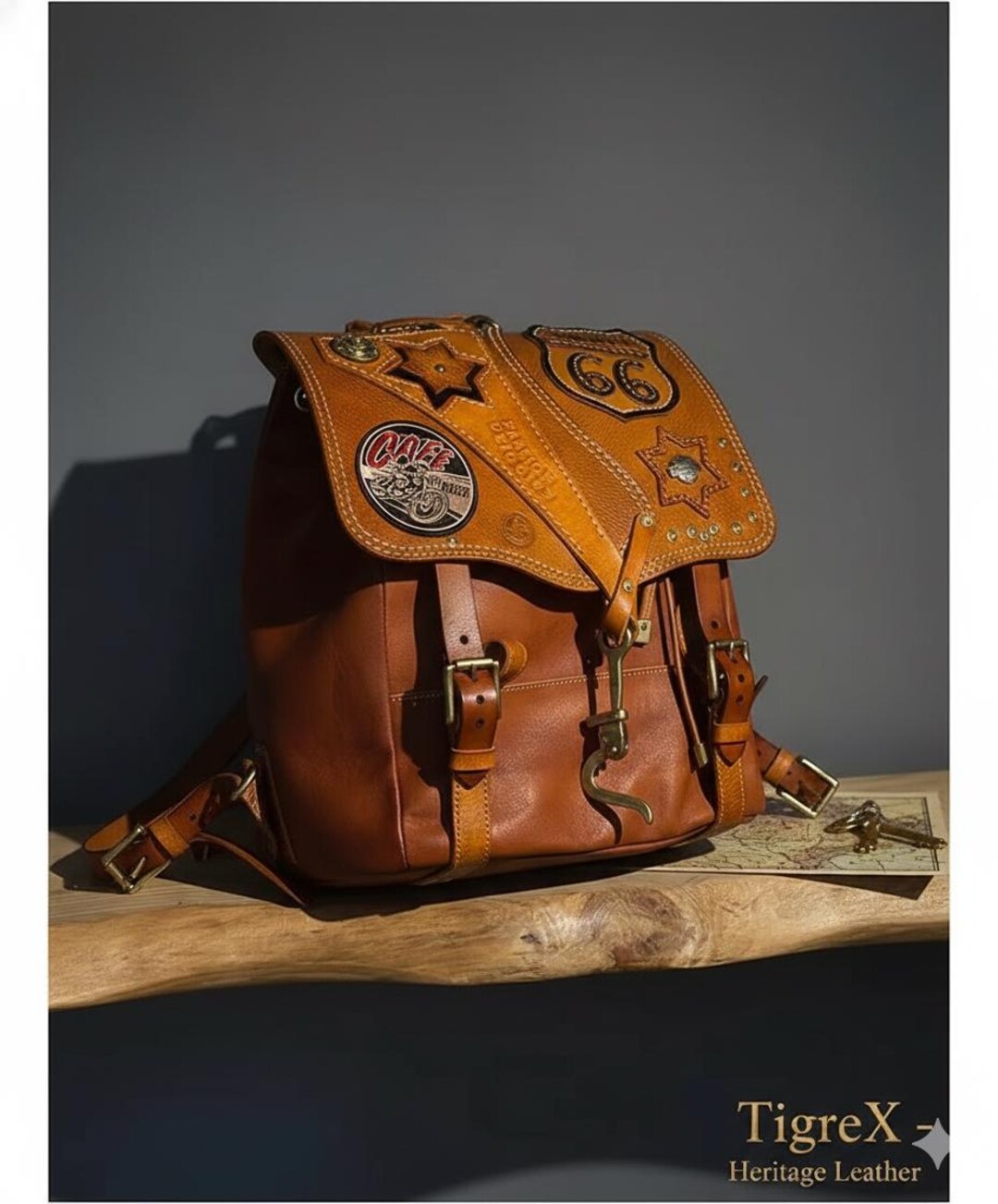 Handcrafted Full Grain Leather Biker Backpack, Route 66 Moto Rucksack ...