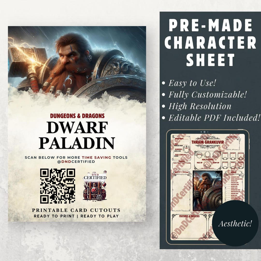 Dnd 5e Character Sheet | Printable and Fillable PDF | Pre-made Dungeons ...