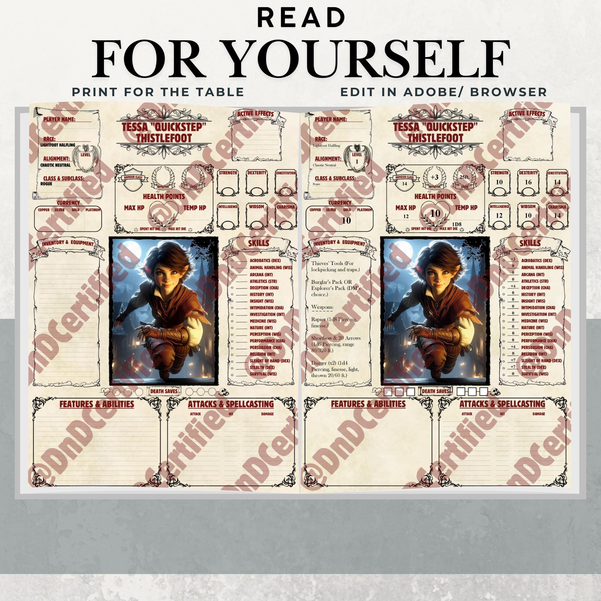 Dnd 5e Halfling Rogue Character Sheet: Pre-made & Fillable (PDF) - Etsy