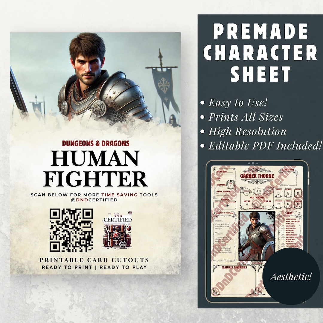 Dnd 5e Human Fighter Character Sheet: Printable RPG (PDF) - Etsy