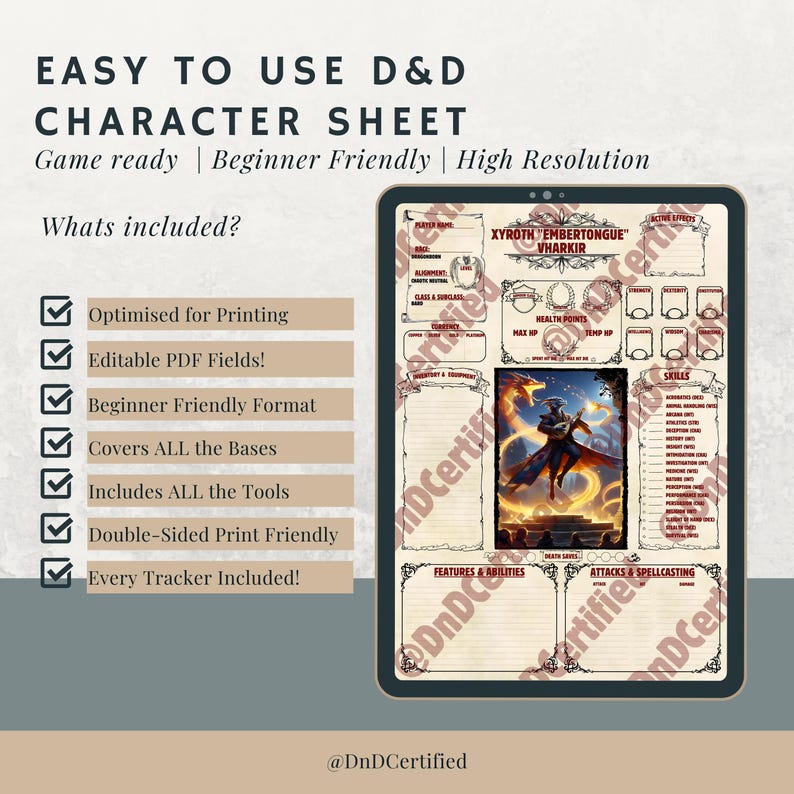 Dnd 5e Dragonborn Bard Character Sheet: Printable RPG (PDF) - Etsy