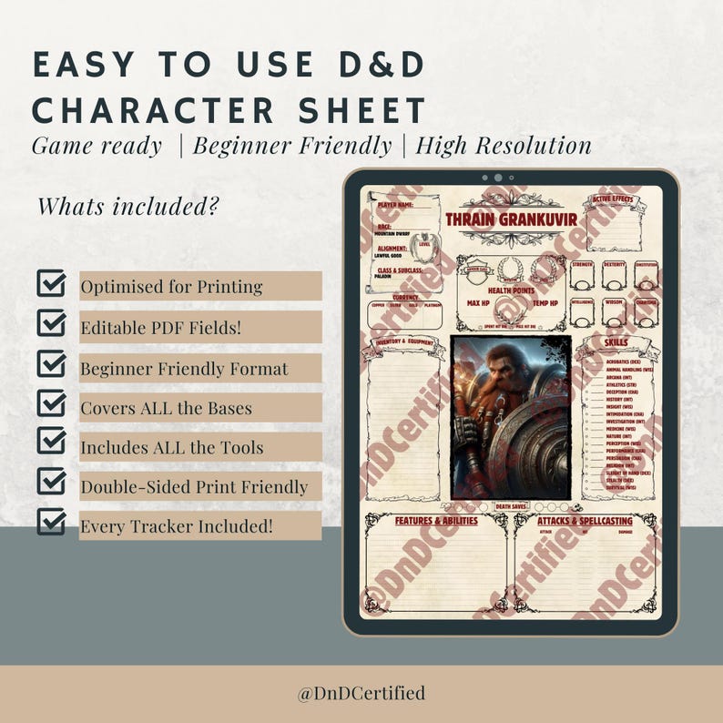 Dnd 5e Character Sheet | Printable and Fillable PDF | Pre-made Dungeons ...