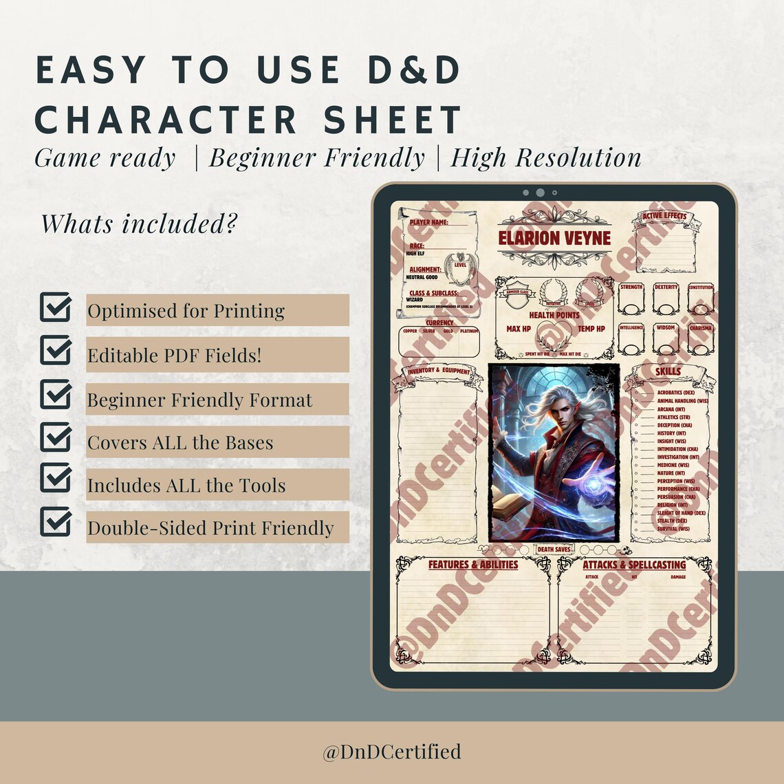 Dnd 5e Elf Wizard Character Sheet: Printable RPG (PDF) - Etsy
