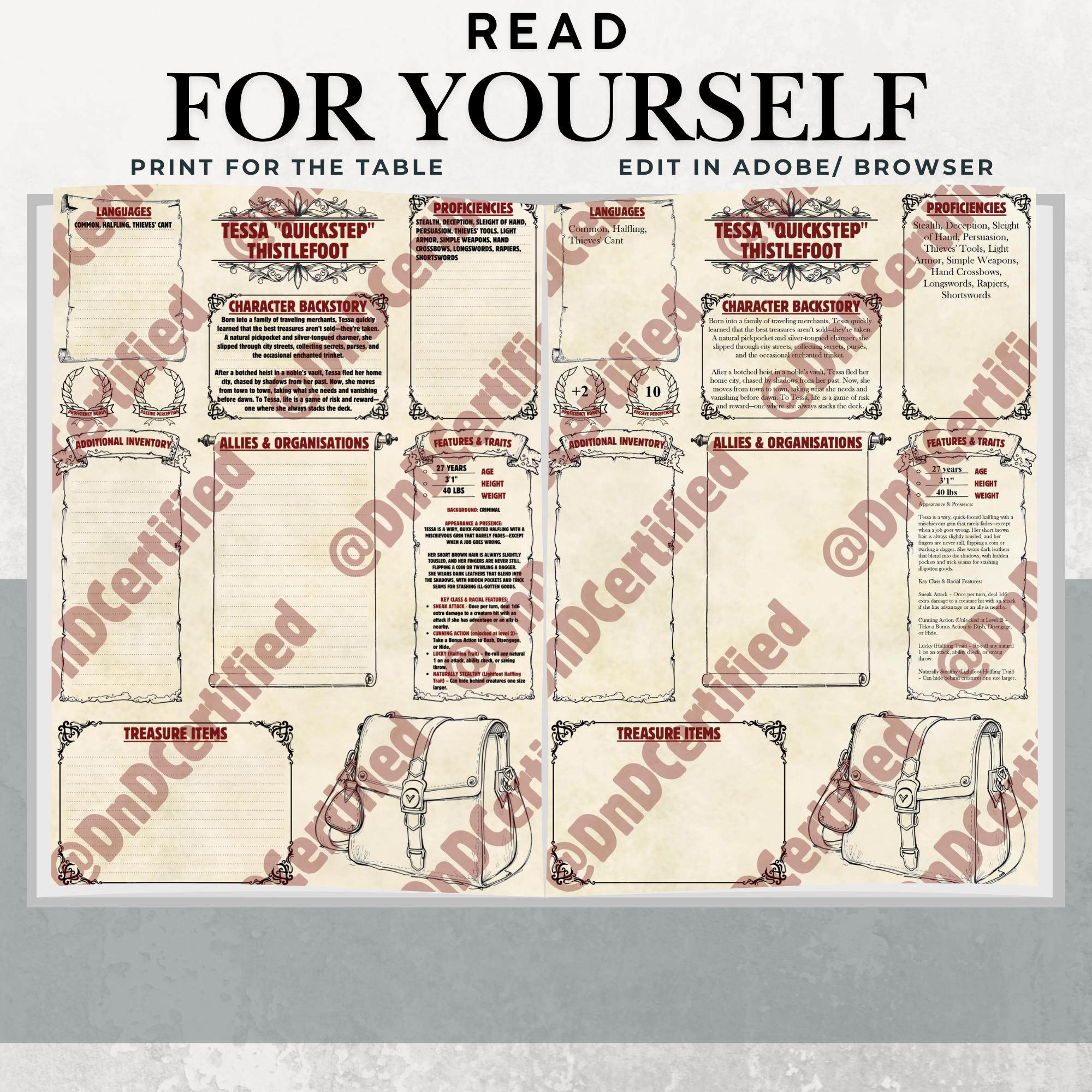 Dnd 5e Halfling Rogue Character Sheet: Pre-made & Fillable (PDF) - Etsy